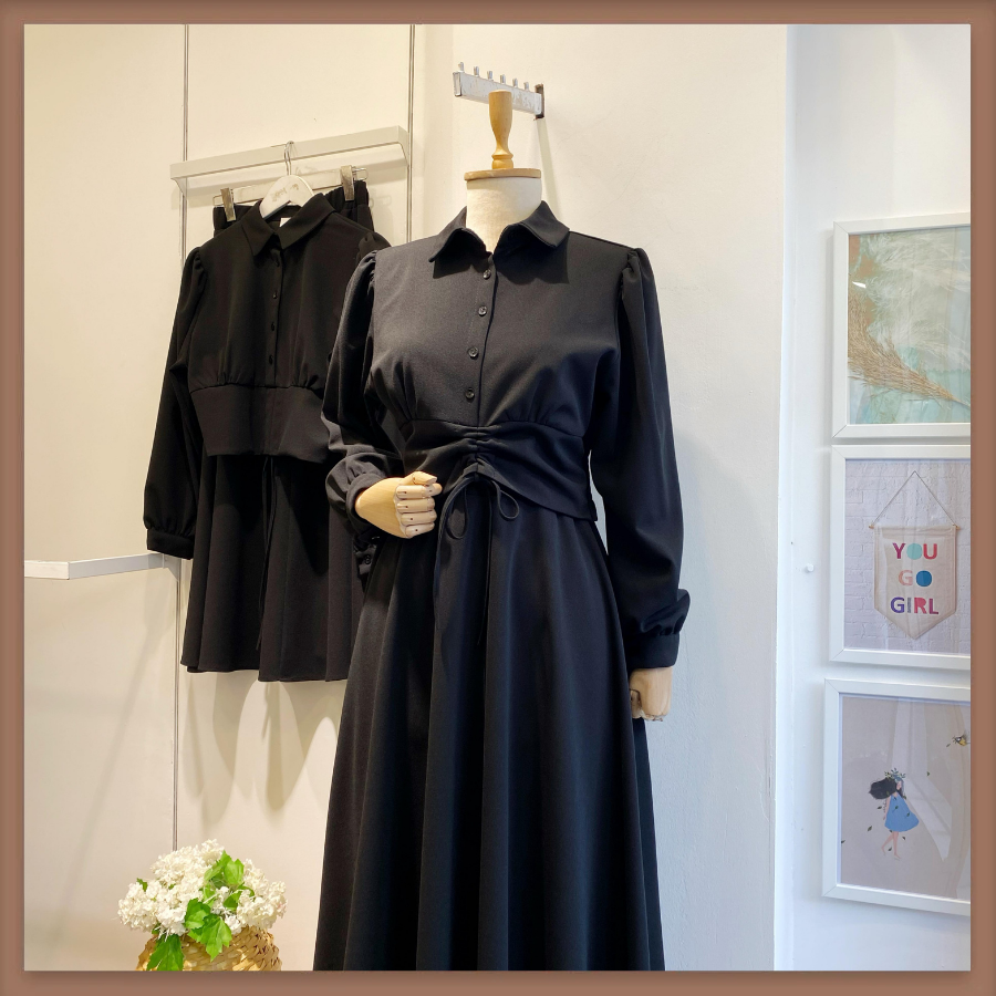 Siyah Beli Büzgülü Crep Takım | Faya Boutique