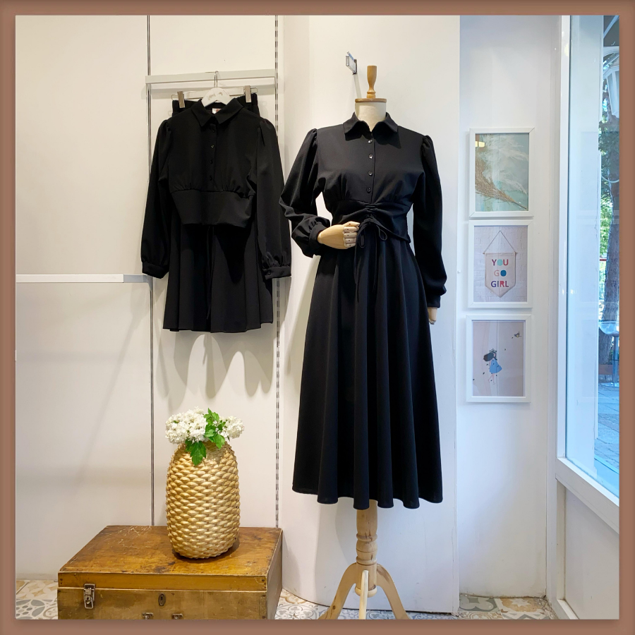 Siyah Beli Büzgülü Crep Takım | Faya Boutique